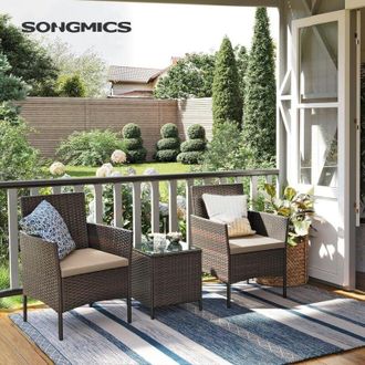 Songmics Salon de Jardin Ext&eacute;rieur, Ensemble de Mobilier, Surface Tress&eacute;e en pe, Table et Chaises, pour Terrasse, Jardin, Balcon, Marron et Taupe - Songmics