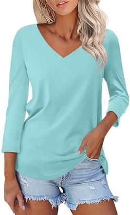 Generic Chemise basique unie à manches longues pour femme, col en V, manches 3/4, chemises solides, t-shirts dété basiques, vêtements pour la vie quotidienne,