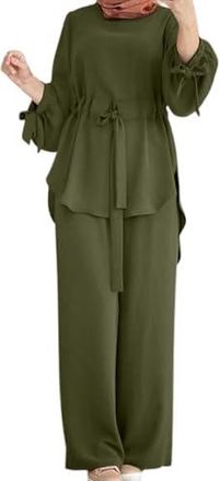 Generic Ensemble de pantalons pour femmes - Style musulman - Couleur unie - Cordon de serrage à la taille - Manches lanternes - Chemisier à jambes larges - En