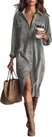 Generic Robe chemise midi boutonnée en velours côtelé pour femme, col en V, manches longues, coupe ample, avec poches, gris clair, XXL