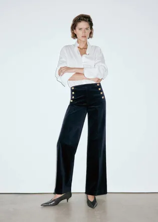 Mango Pantalon large en velours bleu - Femme - 34 - MANGO