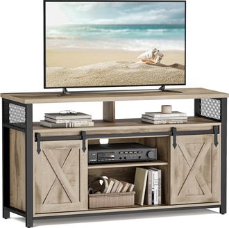 Vasagle TV-Schrank, Lowboard f&uuml;r Fernseher bis zu 60 Zoll, Fernsehtisch mit verstellbaren Ablagen, Schiebet&uuml;r, Metallgestell, eichenbraun-schwarz LTV46B50
