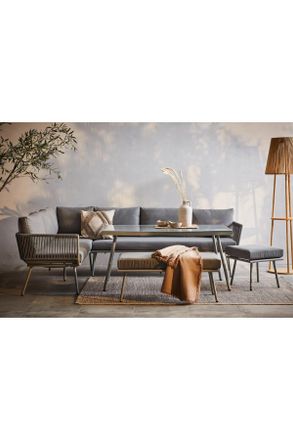 ambia GARDEN Dining-Loungeset, Grau, Metall, Kunststoff, Glas, Textil, 5-teilig, F&uuml;llung: Schaumstoff,Polyester, 190x65x252 cm, Tisch mit Glasplatte, Hocker umfunk