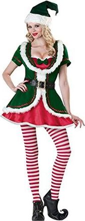 Generic Costume Lutin Femme Robe de No&euml;l Lutin Costume M&egrave;re No&euml;l avec Bonnet et Ceinture Sexy D&eacute;guisement Elfe Velours Rouge Vert Robe Danse Costume Elfe No&euml;l