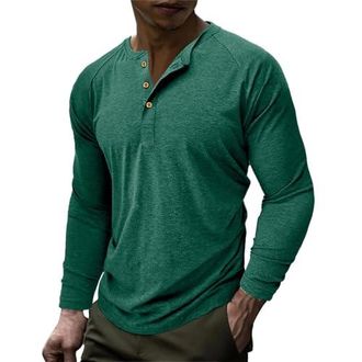 Generic Henley Chemise &agrave; manches longues d&eacute;contract&eacute;e unie avec col en V et boutons pour homme - T-shirt l&eacute;ger et respirant pour printemps et automne - Hauts 