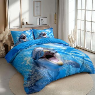 Generic Bettw&auml;sche Delfin Motiv Meerestier Stil Mikrofaser Bettbezug 180 x 200 cm + Kissenbezug 80x80cm, Daunendecke Bettdecke Cover, Kinder M&auml;dchen Wendebett