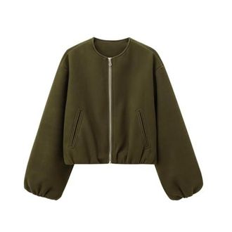 Generic Blouson aviateur r&eacute;tro doux for femme, col rond, manches longues, ourlet &eacute;lastique et fermeture &eacute;clair(Military green,xs)