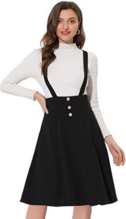 Allegra K Robe Globale Taille Haute pour Femme Couleur Unie Bouton décor évasé Jupe mi-Longue à Bretelles Noir XS