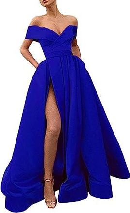 Generic Robe De Soiree Femme Deep V- Robe Fendue &Agrave; &Eacute;paules D&eacute;nud&eacute;es Taille Haute Longue Pliss&eacute;e Coupe Slim Couleur Unie Chic Et &Eacute;l&eacute;gants Charme Classiques Tem