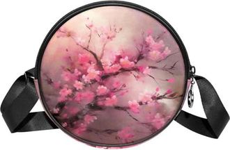 Generic Petit sac &agrave; bandouli&egrave;re rond pour femme, motif fleurs de cerisier avec fermeture &eacute;clair, bretelles r&eacute;glables, sac &agrave; main rond d&eacute;contract&eacute; pour femmes 