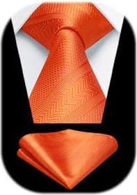 Hisdern Cravate Homme Rayée Mariage Cravate et Mouchoir Ensemble Orange