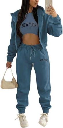 Onsoyours Surv&ecirc;tement Femme 3 Pi&egrave;ce Ensembles Sportswear Sweatshirt &agrave; Capuche &agrave; Zipp&eacute;+ Crop Top + Pantalon Sports pour Casual Sports Jogging Fitness Z4 Marine M