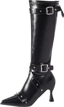 Generic Bottes hautes confortables en similicuir pour femme - Bout pointu - Boucle &eacute;l&eacute;gante - Fermeture &eacute;clair dans le dos - Talon chaton - Bottes longues dau