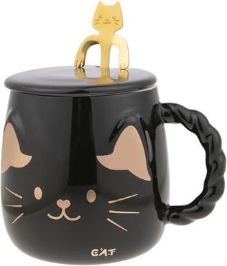 La Chineuse Tasse aus Porzellan mit japanischer Katze - mit Deckel & Löffel - 425 ml - Frühstück & Entspannungspause - Kaffee, Tee, heiße Schokolade - Geschenkide