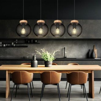 Globo Lighting H&auml;ngeleuchte K&auml;fig Design H&auml;ngelampe Esstisch Pendelleuchte Holz Kugelform, Metall Gitter schwarz, Fassungen 4x E27, LxBxH 95x20x120 cm