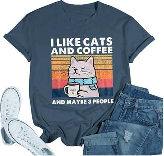 Generic T-shirt d&eacute;t&eacute; pour femme &laquo; I Like Cats and Maybe 3 People &raquo; 2025 - Manches courtes - Tendance - D&eacute;contract&eacute; - Joli graphique - Pour sortir - Col rond -