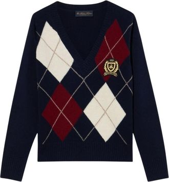 Brooks Brothers Pull-over &agrave; col en V en maille intarsia argyle avec logo - Femme - Pulls - Multicolore - Taille: 38 FR