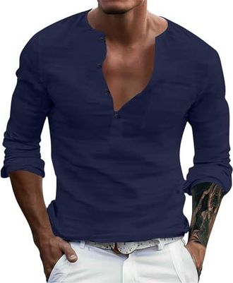 Generic T-shirt &agrave; manches longues pour homme - Style vintage - En coton - Grandes tailles - Col montant - Chemise de plage - Col rond - Chemise d&eacute;t&eacute; &eacute;l&eacute;gante 