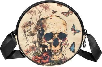 Generic Petit sac &agrave; bandouli&egrave;re rond pour femme, motif t&ecirc;te de mort r&eacute;tro, floral, avec fermeture &eacute;clair, bretelles r&eacute;glables, sac &agrave; main rond d&eacute;contract&eacute; pou