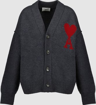 Ami Cardigan Unisexe Ami de Coeur Gris Chiné Rouge