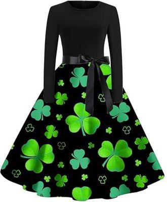Generic Robe de St Patrick élégante à col rond pour femme - Robe longue à col rond - Costume de leprechaun - Taille haute - Vert irlandais - Tunique imprimée 