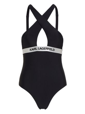 Karl Lagerfeld Neckholder-Badeanzug mit Logo-Bund - Schwarz