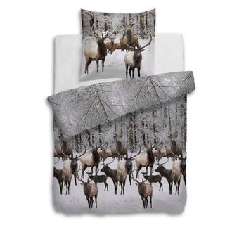 Heckett & Lane Heckett & Lane Flanell Biber Bettw&auml;sche Ralph I G&ouml;&szlig;e 135x200 80x80cm I Farbe Taupe I Design Winterlandschaft Winterwald Hirsch Deer Rentier Reindeer