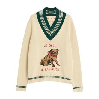 Valentino Garavani Homme, Pulls, Blanc, Taille: M Le Chien V-Neck Sweater