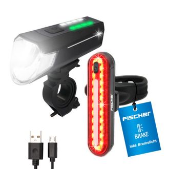 Fischer Fahrrad Beleuchtungs-Set 80/40/20 Lux, Akku-Leuchtenset Stop, Front- und Rückleuchte, mit Akku und USB-Ladefunktion, 3 Leuchtfunktionen, Spritzwassers