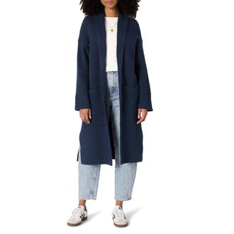 Amazon Essentials Damen Langer Strickpullover aus Baumwollmischgewebe in &Uuml;bergr&ouml;&szlig;e, mit strukturierter Naht, Marineblau, XXS