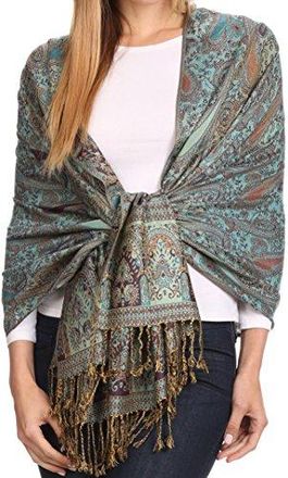 Sakkas 16125 - Kalin long Large Woven Patterned Fringe Tassel Pashmina Shawl/Scarf - Turquoise - OS
