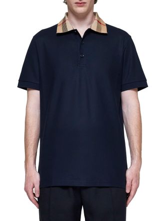 Burberry Mens Cotton Polo Shirt With Check Collar Blue T-shirts And Polos