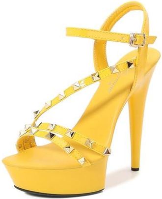 Generic Jaune,41 EU,Sandales à lanières cloutées pour Femmes, Bout Ouvert, Plateforme, Talons Aiguilles, Brides à la Cheville, Chaussures de Danse pour fête d