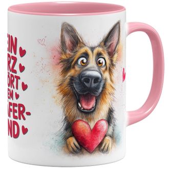 OM3 s&uuml;&szlig;e Hundeliebhaber Kaffee-Tasse mit Spruch - Mein Herz geh&ouml;rt einem Sch&auml;ferhund - Statement - Keramik Becher - 325ml - Rundumdruck - Rosa