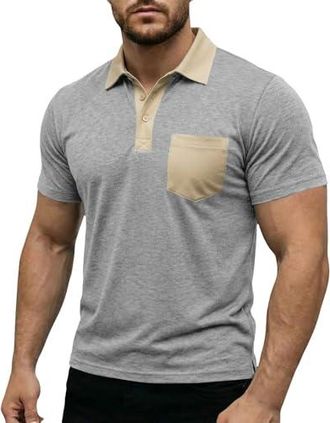 Generic DENGJIAMY Polo patchwork pour homme avec boutons Tredny et col en V - T-shirt d&eacute;t&eacute; &agrave; manches courtes - Chemises de golf pour activit&eacute;s en plein air - 