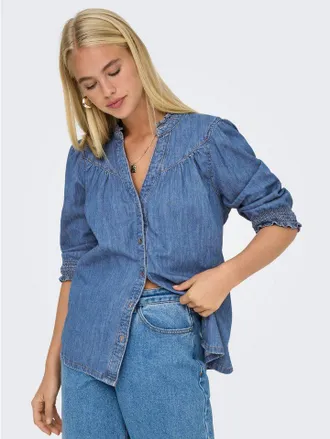 Only Jeansbluse ONLRAYA 3/4 SHIRT DNM AKM NOOS mit R&uuml;schenkragen