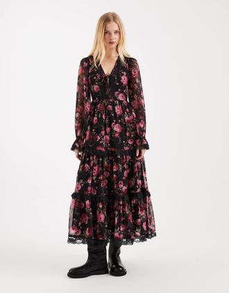 Miss Selfridge Robe corset longue &agrave; imprim&eacute; roses-Noir