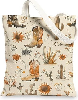 Generic Sacs en toile de style occidental, bottes de cowboy rustiques, sacs à provisions réutilisables, légers, lavables et respectueux de lenvironnement, bei