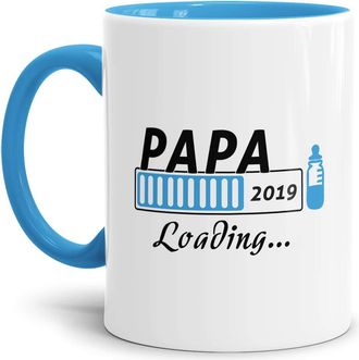 Tassendruck Geschenk-Tasse Du wirst Papa 2019 - Loading/Lade-balken/Schwangerschaft/Baby/Enkel/Nichte/Neffe/Enkelin/Innen & Henkel Hellblau