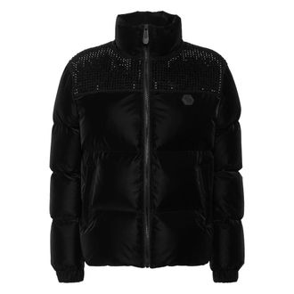 Philipp Plein Nylon and Suede Puffer Jacket Strass - - Jackets - Damen - Schwarzk - XL