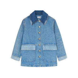Ganni Femme, Vestes, Bleu, Taille: 42/44 FR Veste Midi en Denim Patchwork