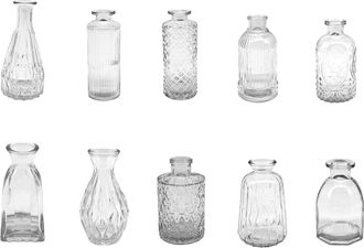 Relaxdays Vasen 10er Set, strukturiert, Vintage-Design, Glas, H: 10-14,7 cm, kleine Dekovasen für Tischdeko, transparent
