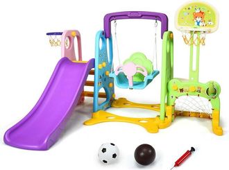 Costway Ensemble Toboggan Balan&ccedil;oire 6 en 1 Basket-ball Football Escalade Jeu Boucle - Exterieur Int&eacute;rieure 3 - 8 Ans Violet