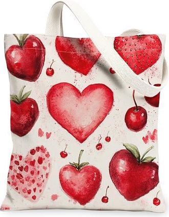 Generic Sacs fourre-tout en toile motif cerises en forme de coeur, sacs d&eacute;picerie r&eacute;utilisables, sacs d&eacute;picerie printaniers, &eacute;l&eacute;gants, l&eacute;gers, lavables en toi