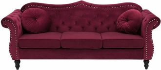 Beliani Beliani - Sofa Burgunderrot Samtstoff 3-Sitzer Chesterfield Stil Retro Zierkissen Wohnzimmer