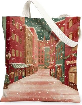 Generic Sacs fourre-tout en toile de paysage urbain dhiver, sacs &agrave; provisions r&eacute;utilisables, r&eacute;tro l&eacute;gers et lavables en toile pour Ou, Rouge, 13x15 Inch