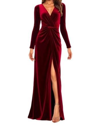 Minetom Robe Velours Femme Longue Hiver &Eacute;l&eacute;gante Col V Manches Longues C&eacute;r&eacute;monie Cocktail Mariage Soir&eacute;e F&ecirc;te Dress A Rouge 3XL