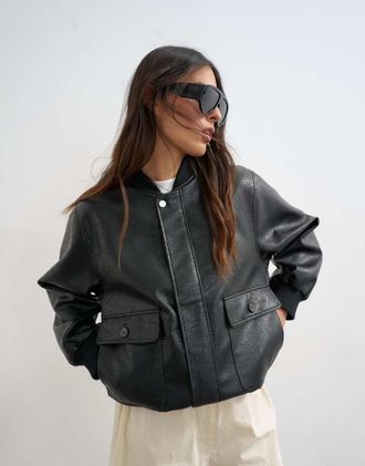 Topshop Nero - Bomber en similicuir avec col - Noir