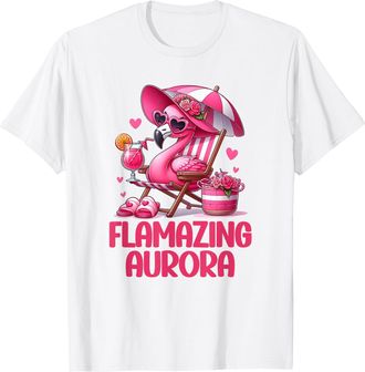 BDAZ Flamazing Aurora Pink Flamingo Tropical Beach Trip Damen T-Shirt