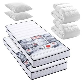 Blue Moon Pack Westend- Lot de 2 Matelas London Mousse 90x190 + 2X Couettes + 2X Oreillers- Fabriqué en Belgique